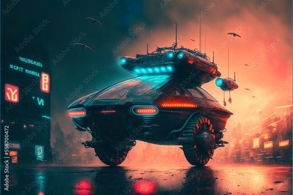 Future flying car design in a dystopian cyberpunk city at night with ...