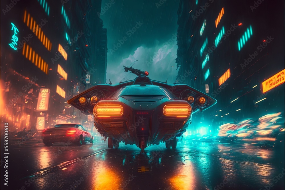 Future flying car design in a dystopian cyberpunk city at night with ...