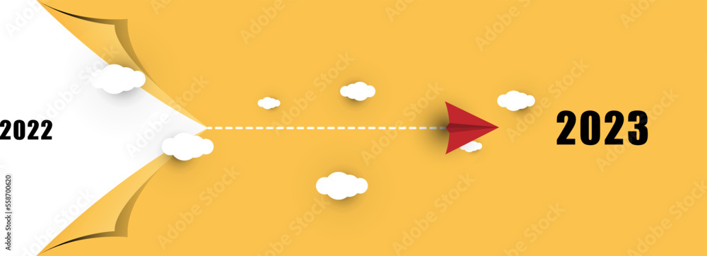 New Year plane track to point, line way. New Year 2023 concept ...