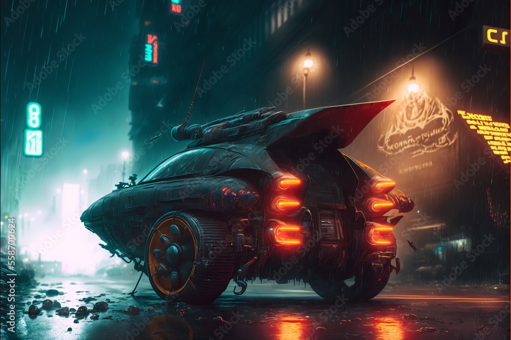 Future flying car design in a dystopian cyberpunk city at night with ...