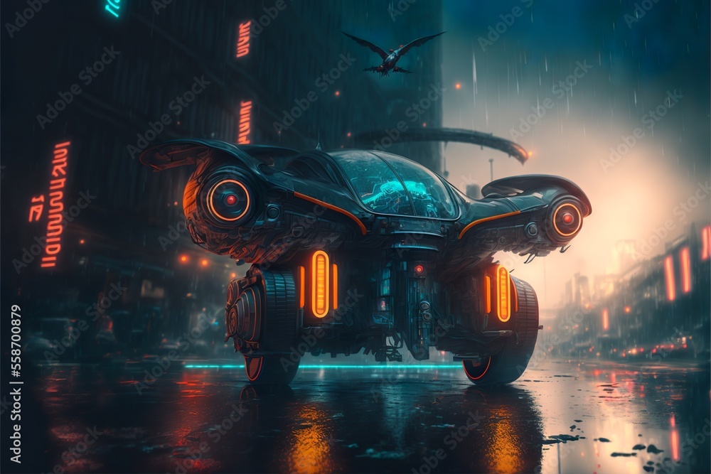 Flying Cyberpunk Oldtimer car in a dystopian megacity with neon lights ...