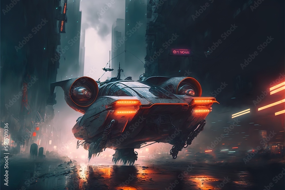 Flying Cyberpunk Oldtimer car in a dystopian megacity with neon lights ...
