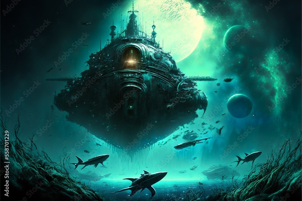 Deep sea biomechanical submarine creature in fantasy underwater ...