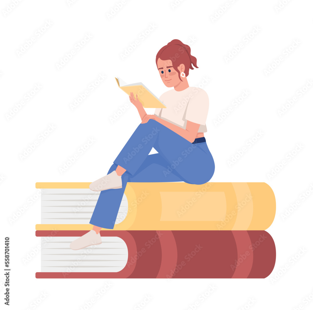 Vecteur Stock Girl Reads Book Semi Flat Color Vector Character Editable Figure Full Body