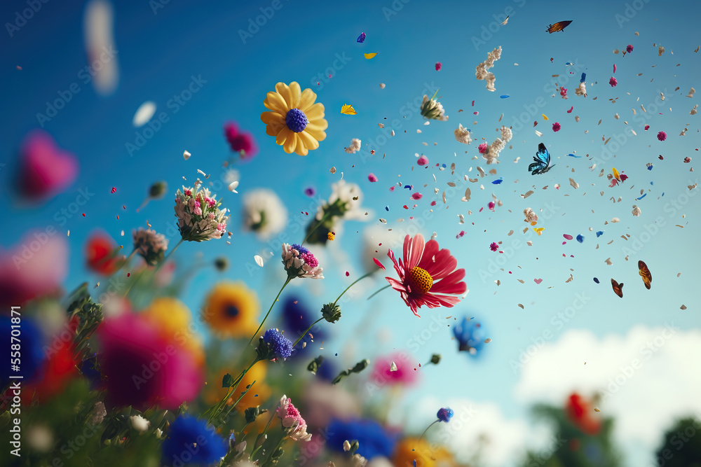 a beautiful field of flowers with flying petals, Stock Illustration ...