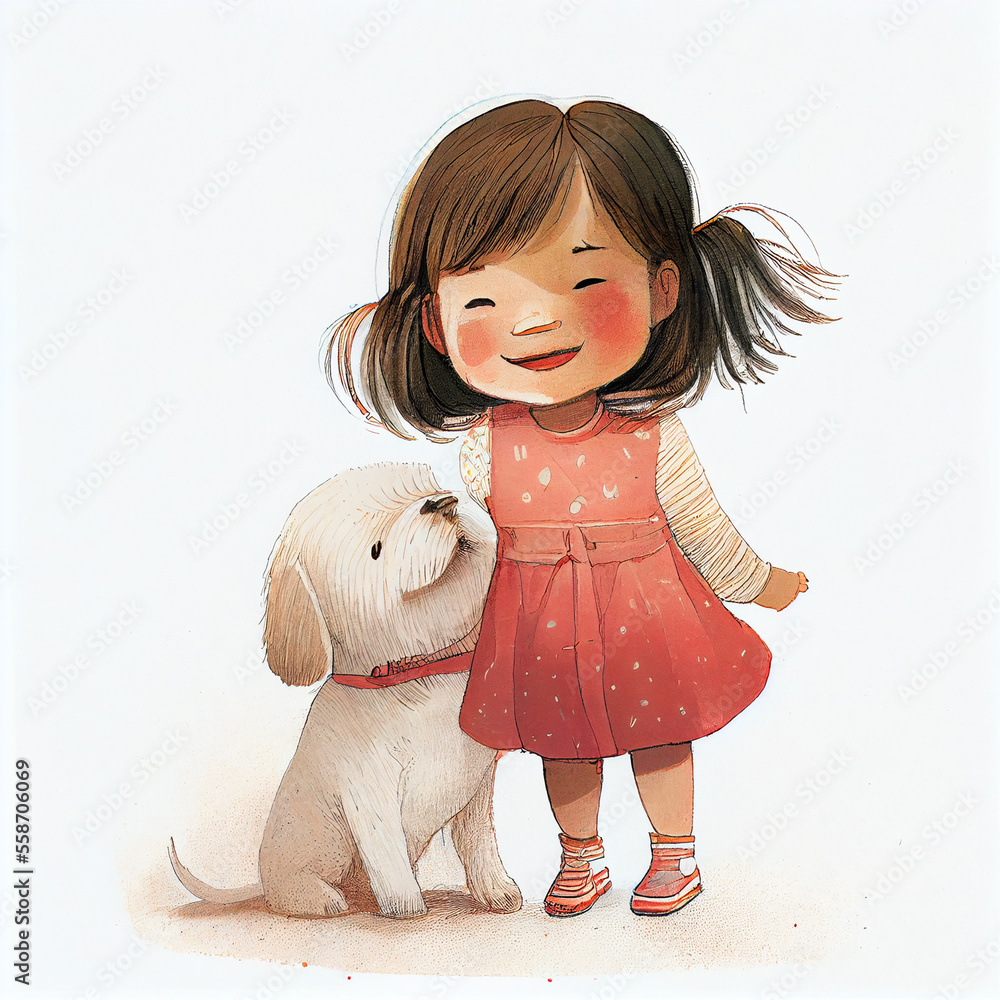 Cartoon cute happy girl having fun with a dog. Generative AI Stock ...