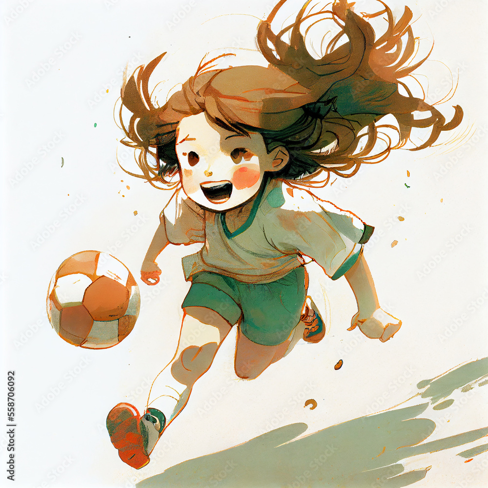 Cartoon cute happy girl playing football. Generative AI Stock ...
