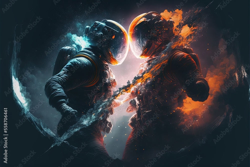 two astronauts in space suits standing next to each other in front of a bright blue and orange ...