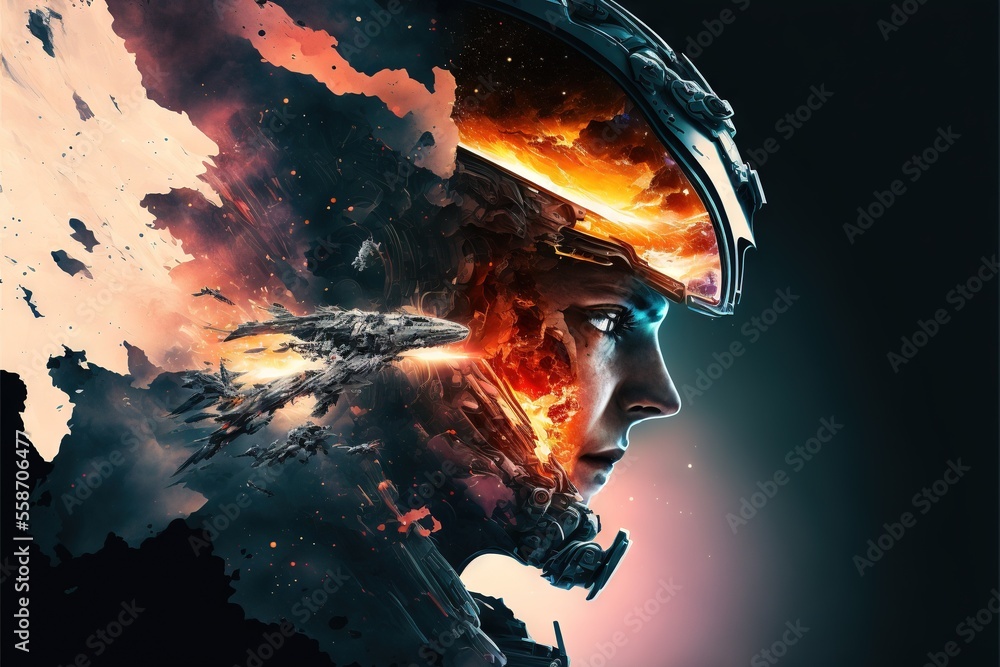 a woman with a helmet on and a fire in her face is staring at something ...