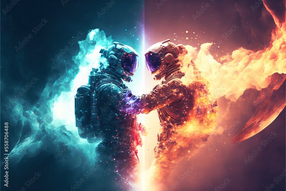 two astronauts in space touching each other with fire and smoke behind ...