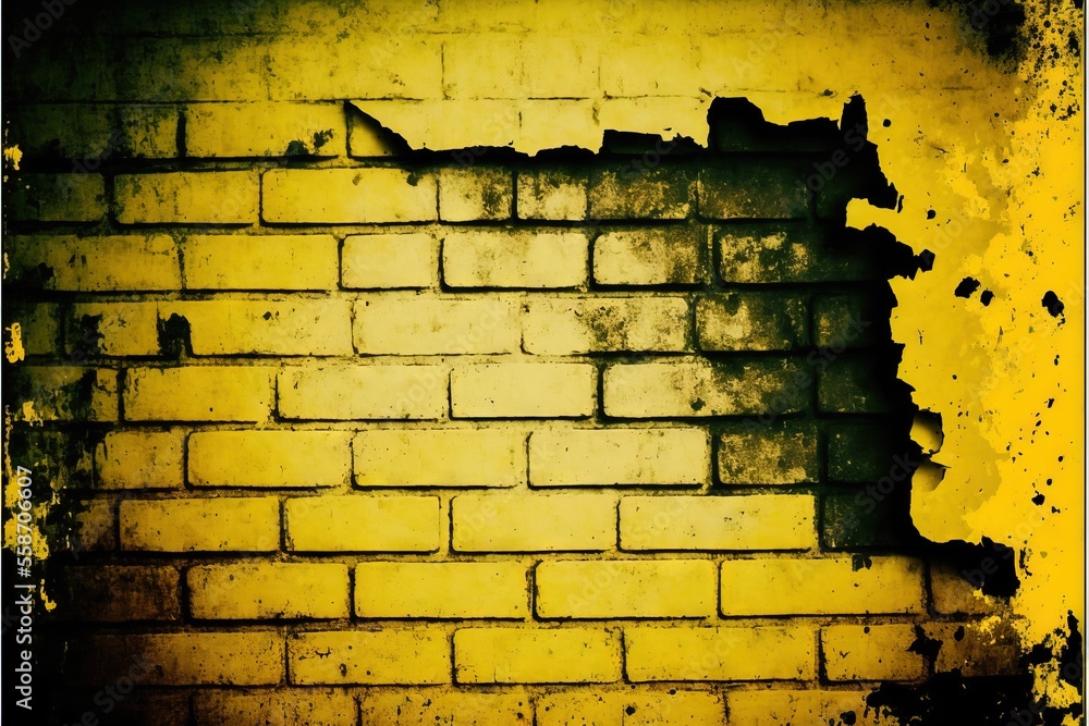 a yellow brick wall with a crack in the middle of the wall and a black ...