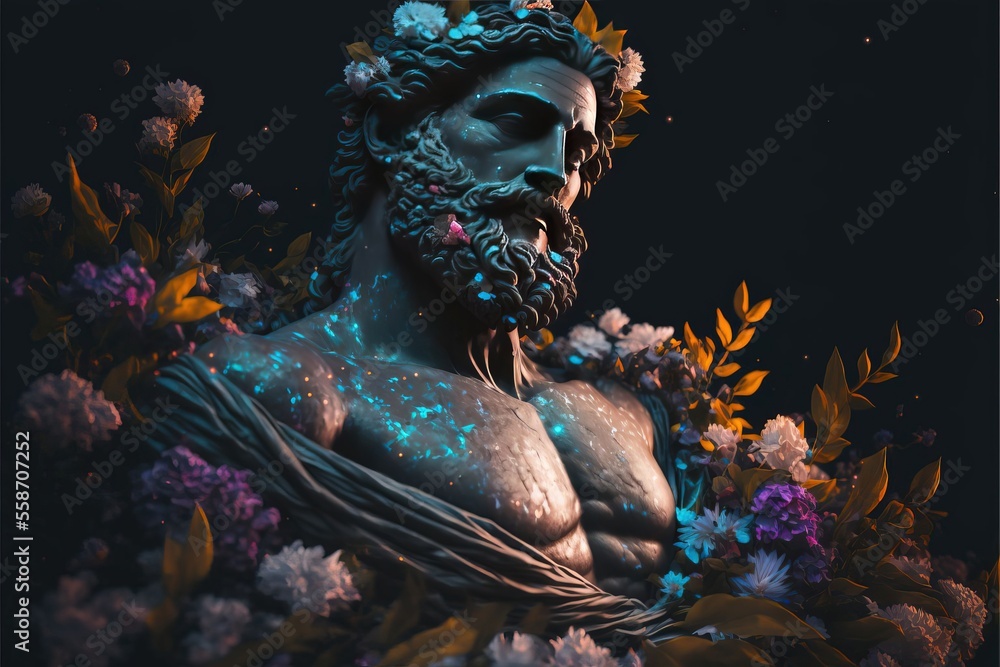 4K resolution or higher, greek god statue in flowers. Generative AI ...