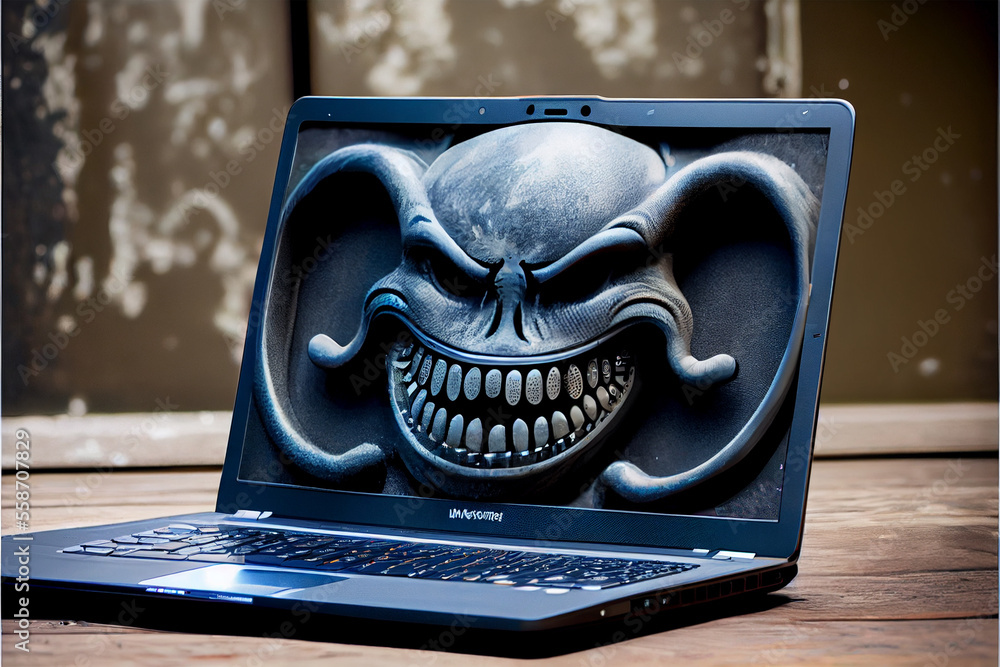 laptop with security integrated like a monster popping out of it Stock ...