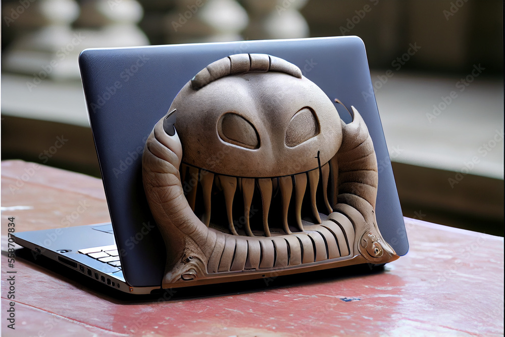 laptop with security integrated like a monster popping out of it Stock ...