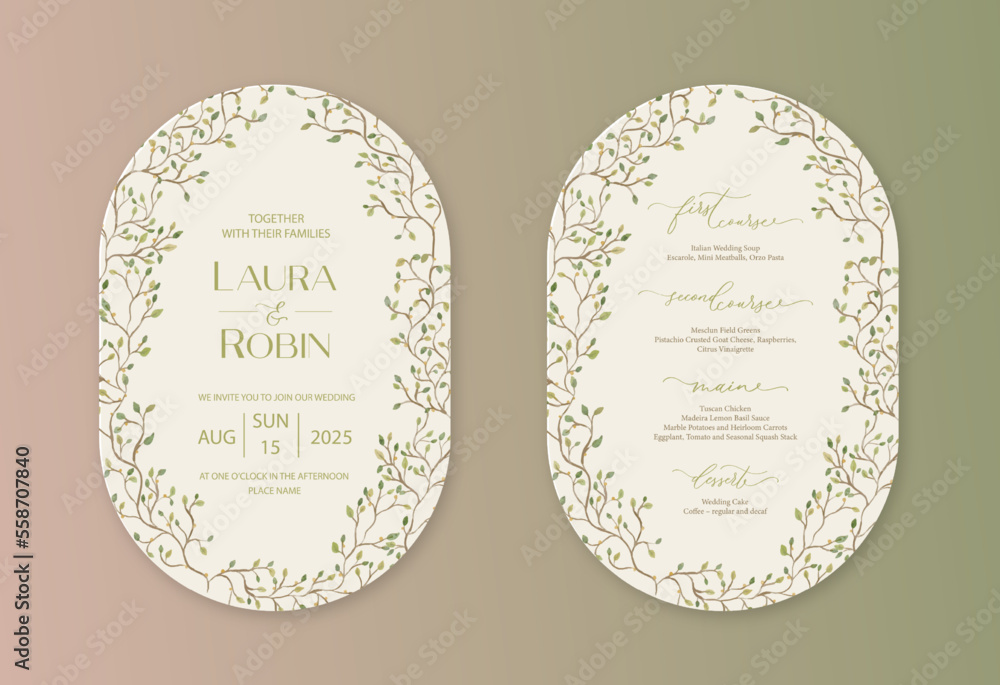 Luxury arch wedding invitation card background with green watercolor ...