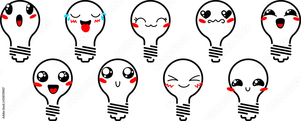 Vecteur Stock Set of Various Cartoon Bulbs with Emoticons. Doodle ...