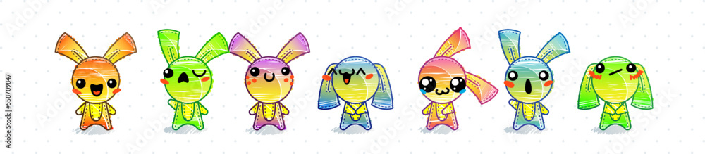 Raimbow Rabbits. Emoticons, doodle faces, eyes and mouth. Caricature ...