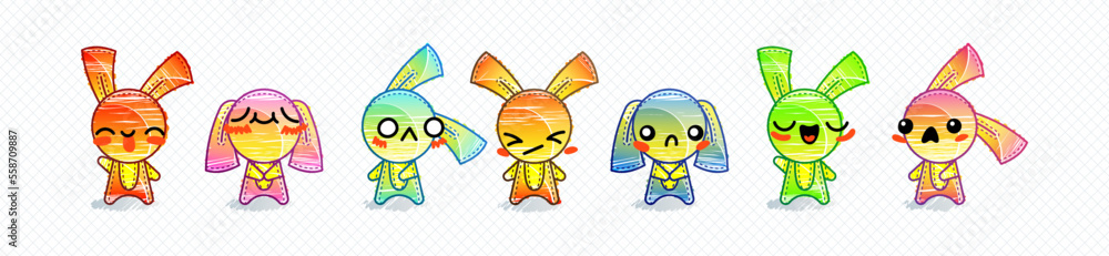 Raimbow Rabbits. Emoticons, doodle faces, eyes and mouth. Caricature ...