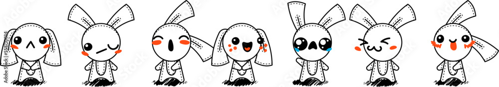 Outline Cartoon Rabbits. Emoticons, doodle faces, eyes and mouth ...