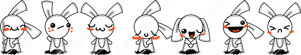 Outline Cartoon Rabbits. Emoticons, doodle faces, eyes and mouth ...