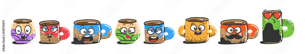 Various Cartoon Mugs with Emoticons. Doodle faces, eyes and mouth ...