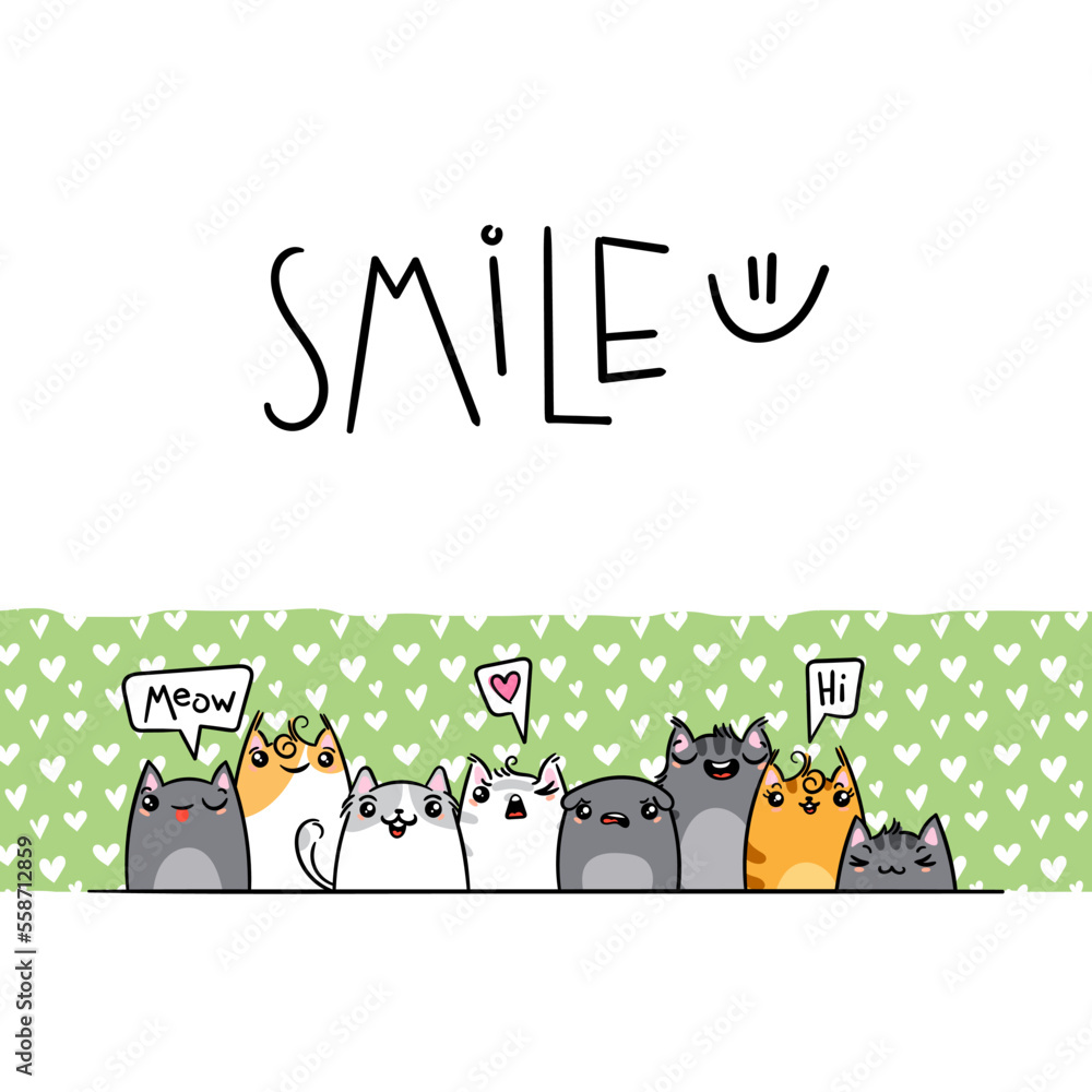 Smile. Hello. Kawaii illustration hand drawn banner. Cute cats with ...