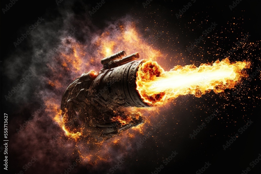 a space ship with a lot of fire coming out of it's side and a black ...