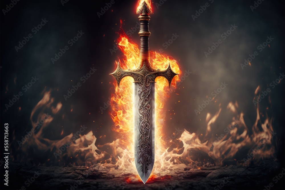a sword in flames on a dark background with a black background and a ...