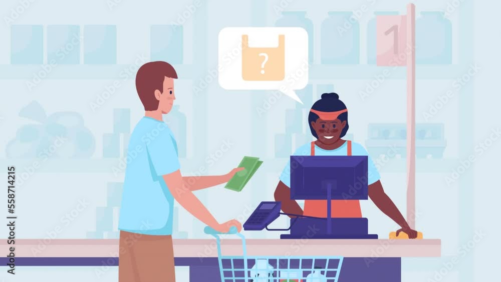 Animated payment at checkout. Cashier at cash register. Buying goods ...