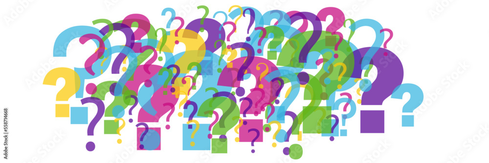 banner overlapping questions marks in various colors, presentation ask ...