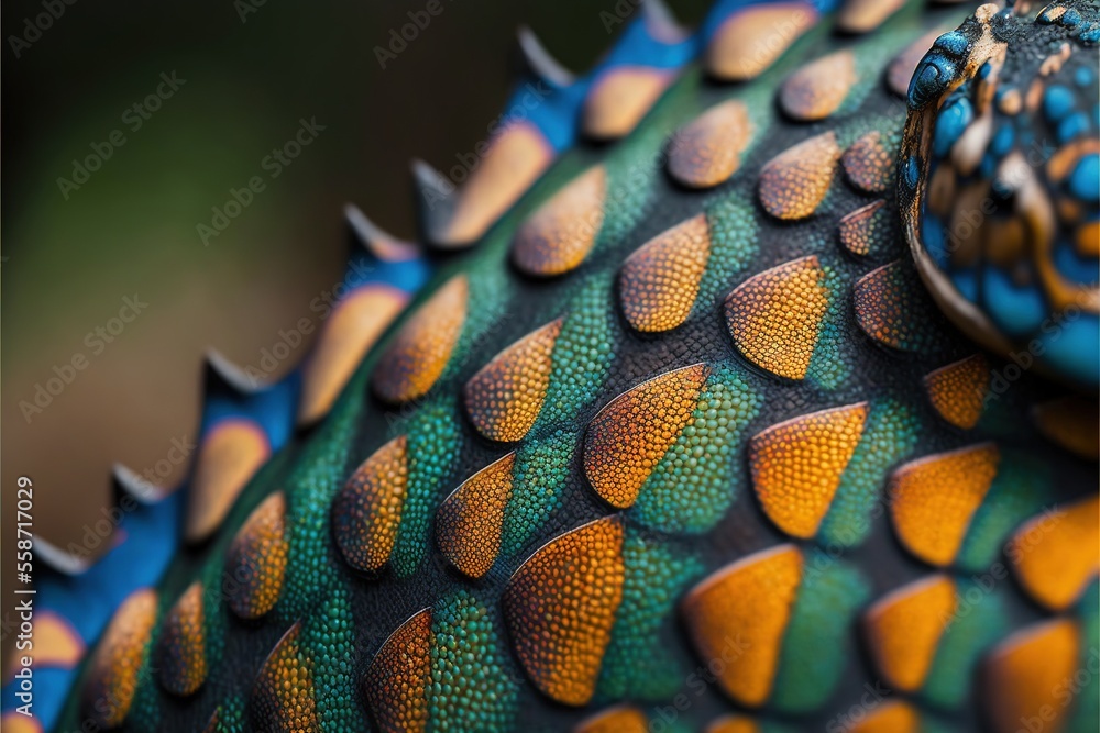 a close up of a blue and yellow lizard skin pattern with a black ...