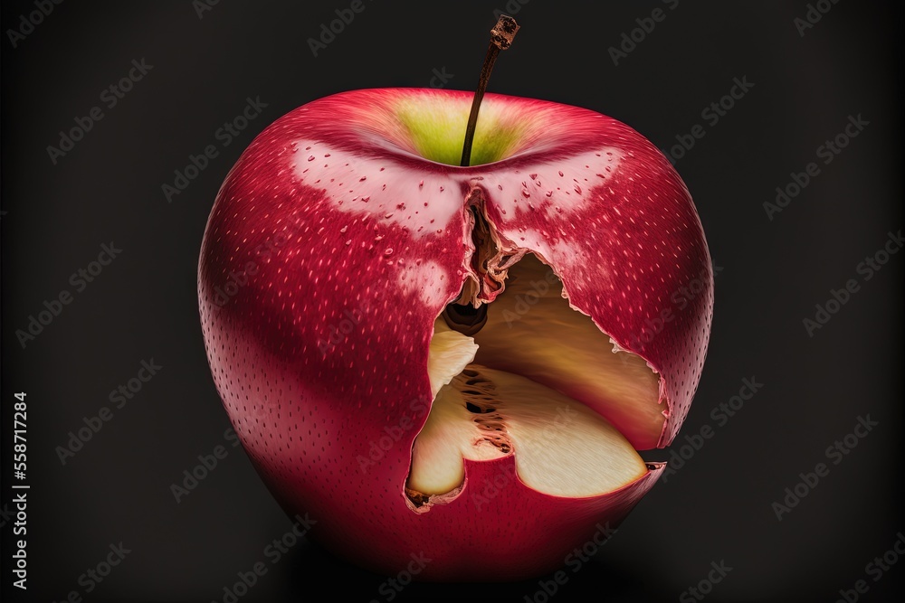 a red apple with a bite taken out of it's core and a bite taken out of ...
