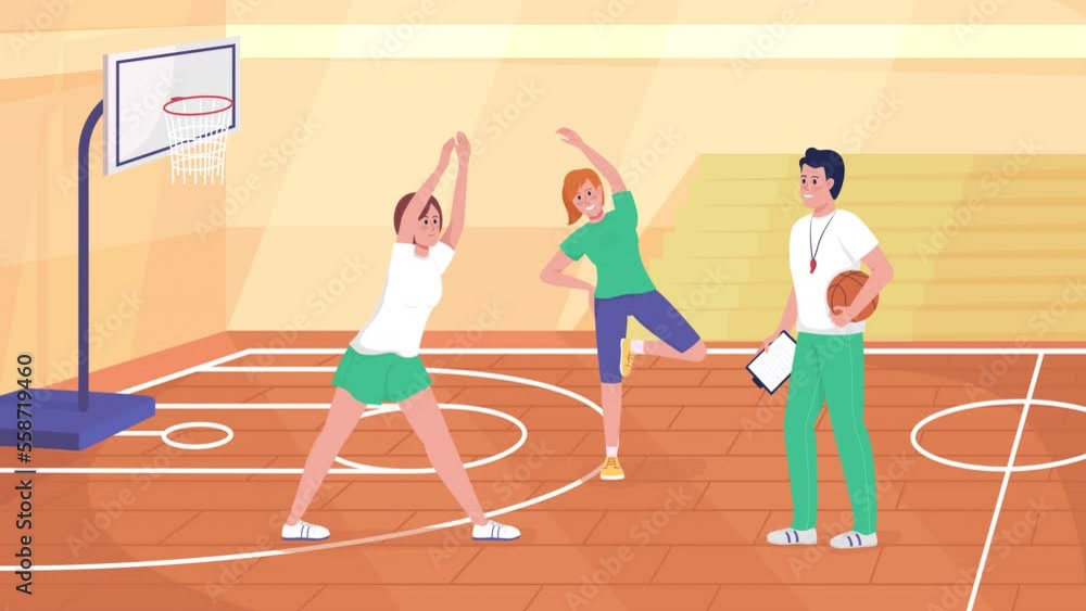 Animated physical education in gym. Workout for teens. Students and ...