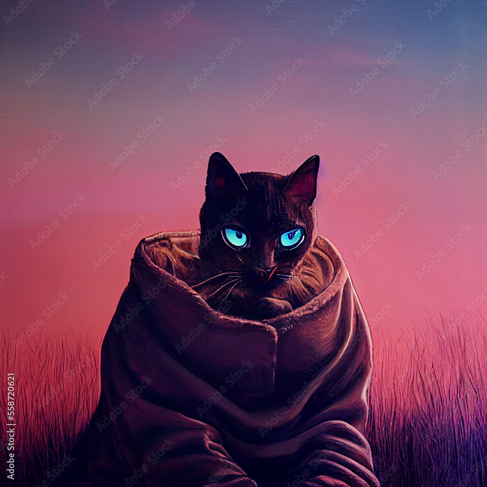 Catman, mutant, lonely survivor, in sunset, hopeblue eyes, brings ...