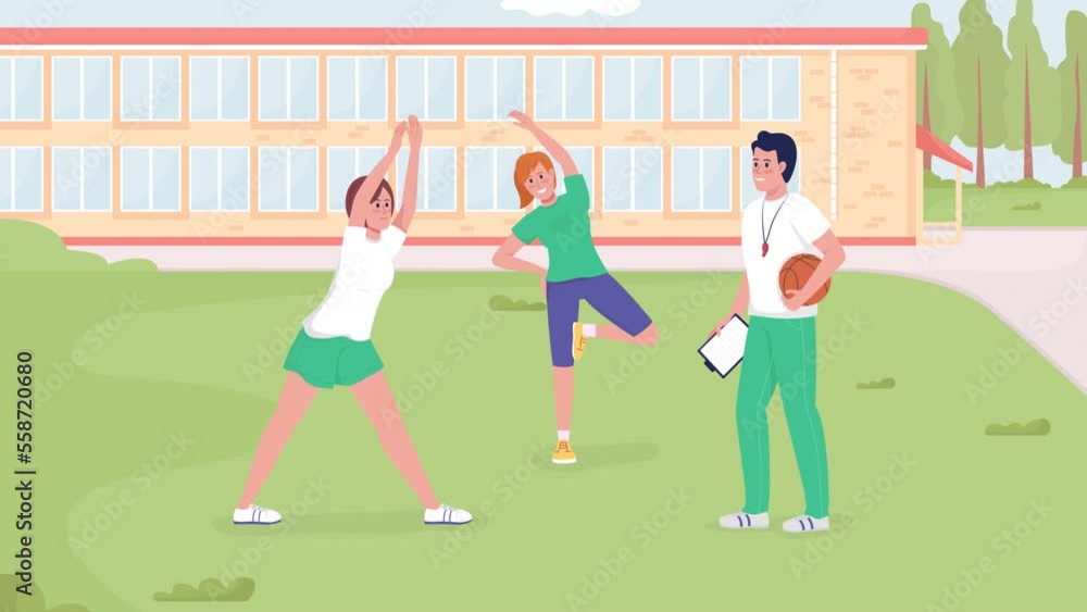 Animated outdoor fitness class. Teacher training female students ...