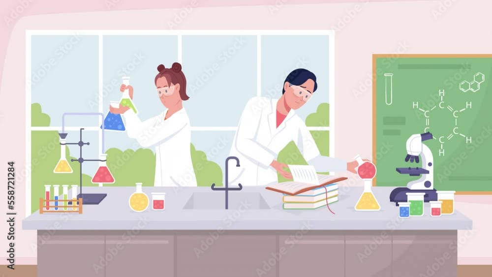 Animated chemistry class in school. Laboratory experiment. Science lab ...