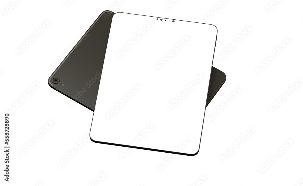 Blank screen realistic tablet frame, rotated position, side view, top ...