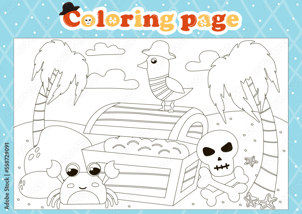 Pirate themed coloring page for kids with cute animal characters and ...