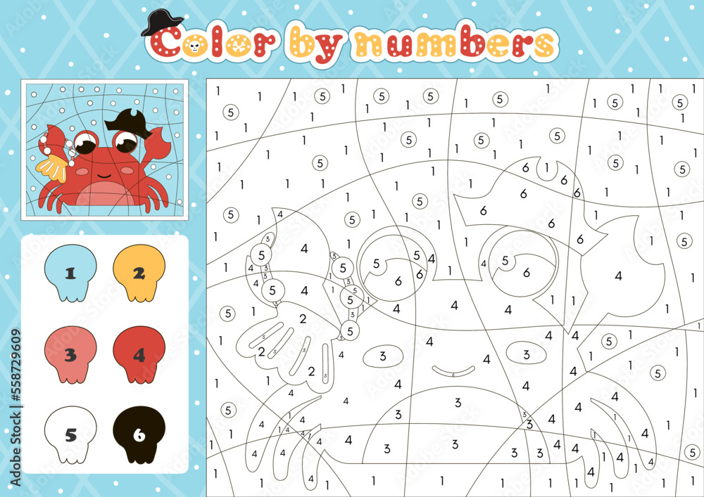Pirate themed coloring page by number for kids with cute animal ...