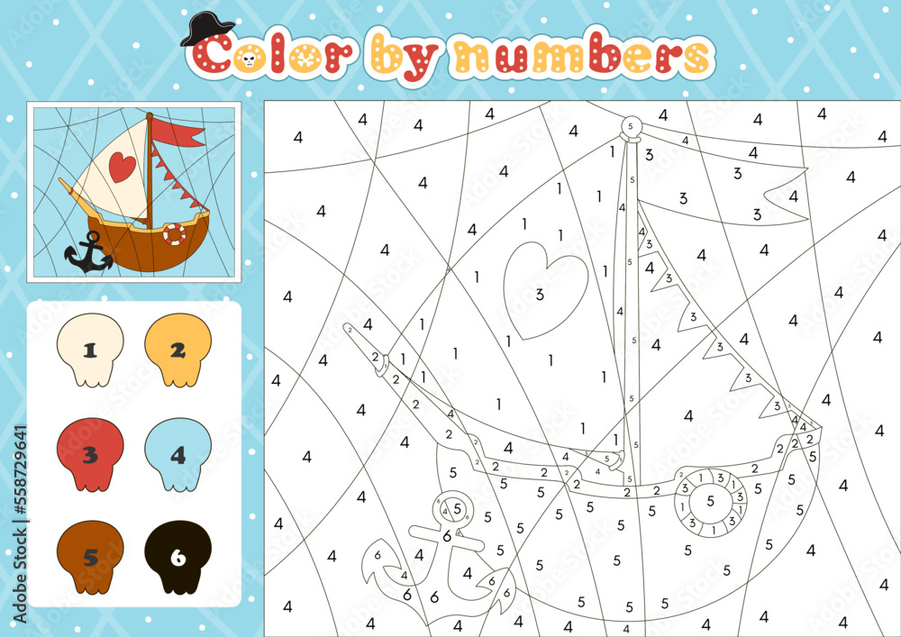 Marine themed coloring page by number for kids with boat Stock Vector ...