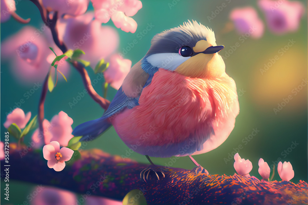 An adorable Chibi Bird sitting on a Cherry Blossom tree and enjoying ...