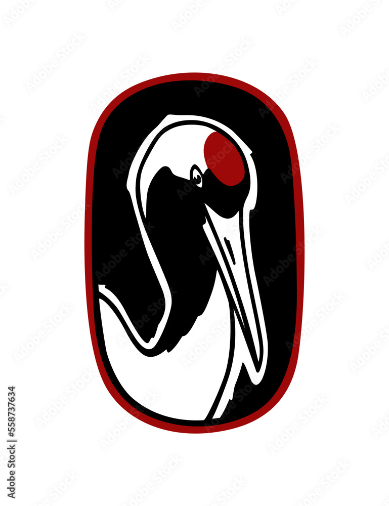 Vector card with hand drawn graceful Red-crowned crane in austere ...