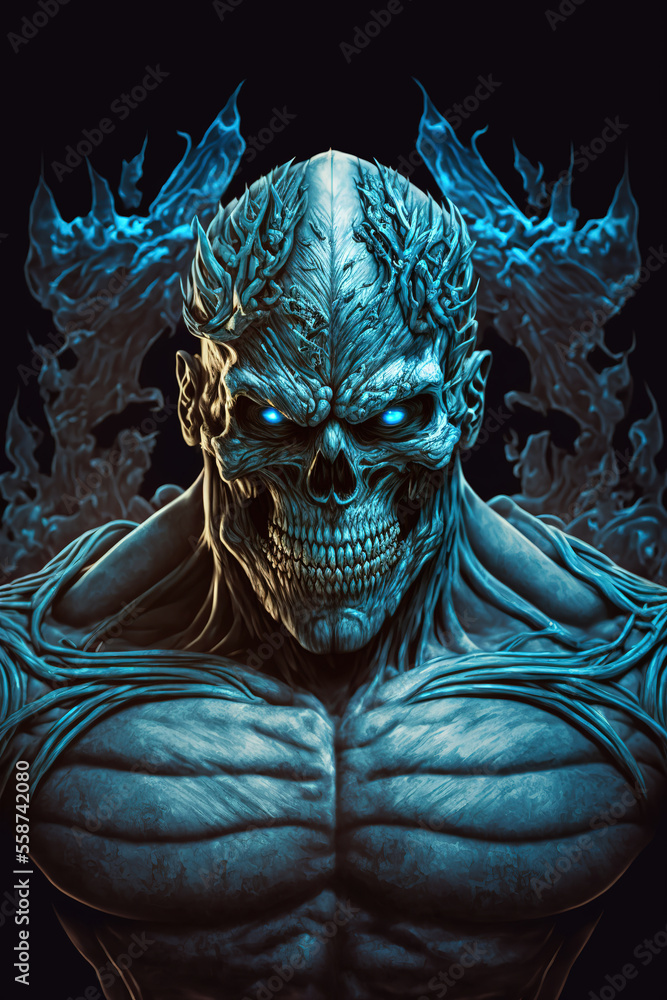 monster with huge muscles, horror, skull, character, comics, art ...