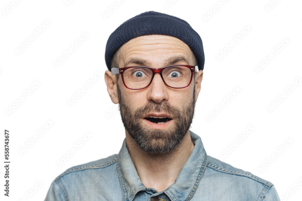 Horizontal shot of amazed excited shocked man stares at camera with ...