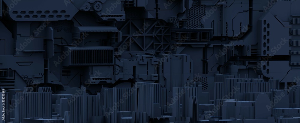 Steel futuristic techno city background. Metropolis with 3d render ...