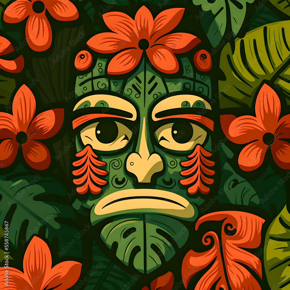 Tiki Mask, sad face portrait whit jungle flowers, illustartion Stock ...