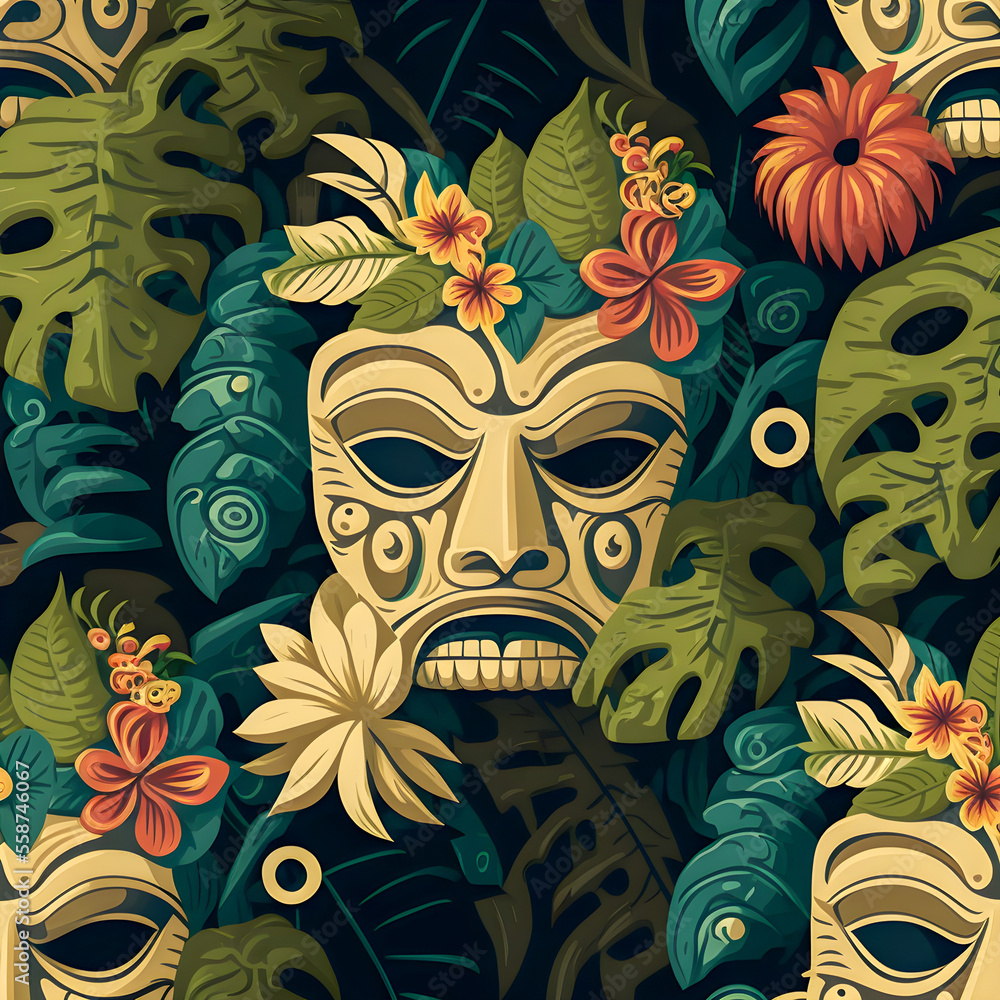 Tiki Mask, sad face portrait whit jungle flowers, illustartion Stock ...