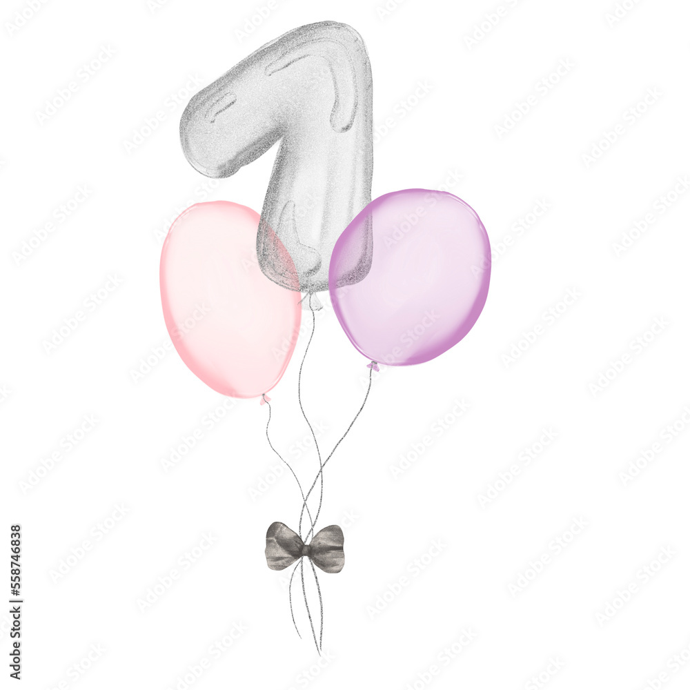 1 silver Birthday ballon with pink baloons. Number one glitter silver ...