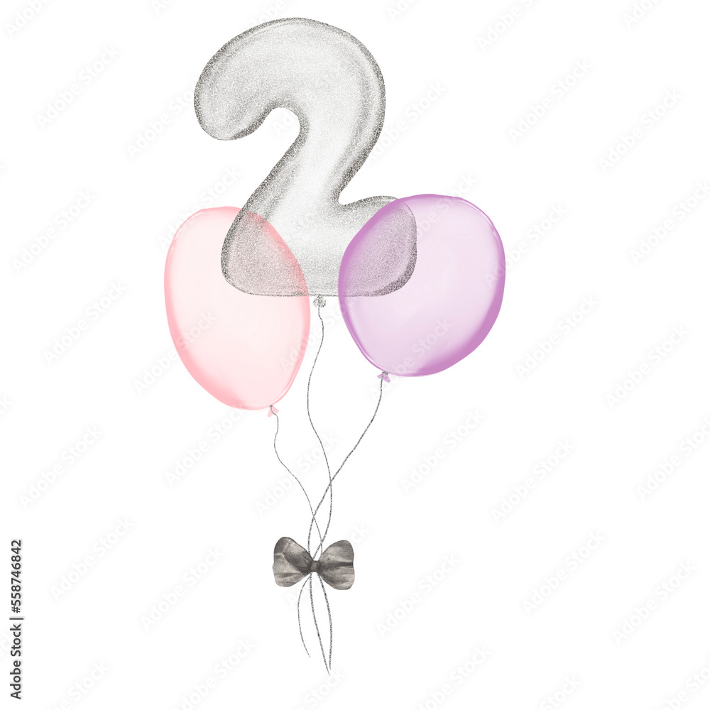 2 silver Birthday ballon with pink baloons. Number two glitter silver ...