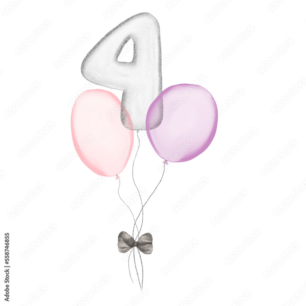 4 silver Birthday ballon with pink baloons. Number four glitter silver ...